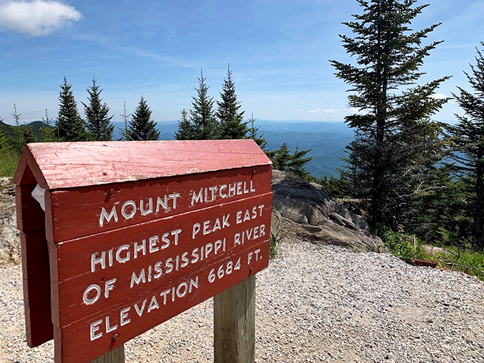 Top of the East Coast world! Mount Mitchell's sign marks the spot where you can literally look down on everyone else east of the Mississippi.