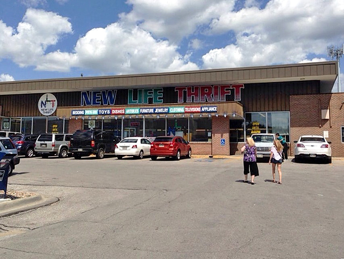 Colorful and welcoming, this thrift store promises a "New Life" for both items and shoppers. The thrill of the hunt begins here!