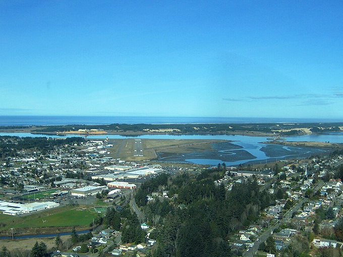 North Bend's downtown sits nestled between mountains and bay, a perfect basecamp for Oregon coastal adventures.