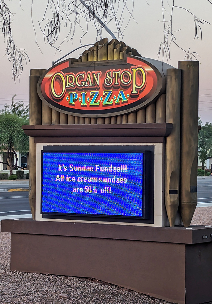 Organ Stop's distinctive sign announces pizza with a side of musical magic. Where dinner comes with a show that's truly instrumental.