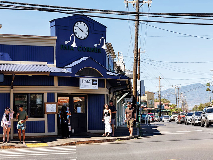 Pā'ia's historic buildings and blue clock tower mark this charming gateway to Maui's Road to Hana.