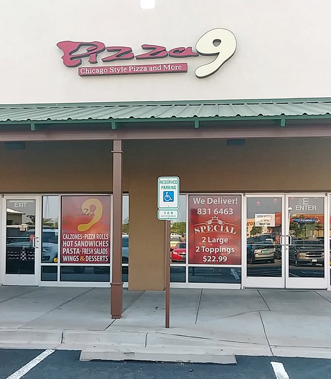 Pizza 9's cheerful exterior promises Chicago-style satisfaction in the heart of New Mexico. No deep dish blues here!
