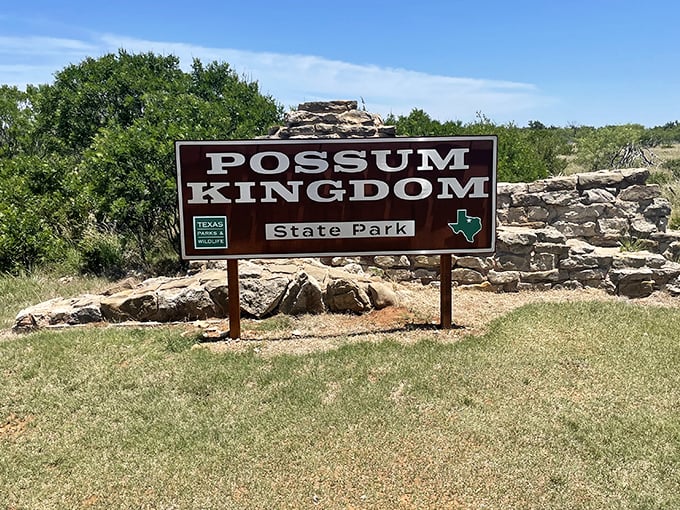 A sign that promises more than just opossums &ndash; this kingdom rules over some of Texas' bluest waters.