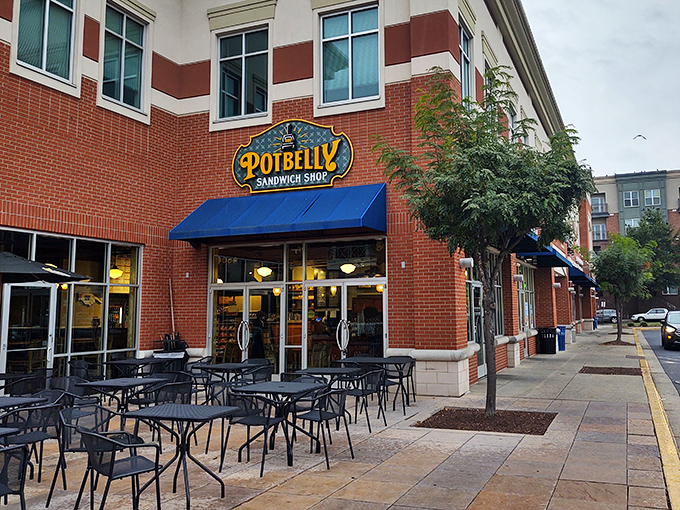 Potbelly's corner location offers a welcoming sight for hungry college students. Those blue awnings shelter sandwich perfection.