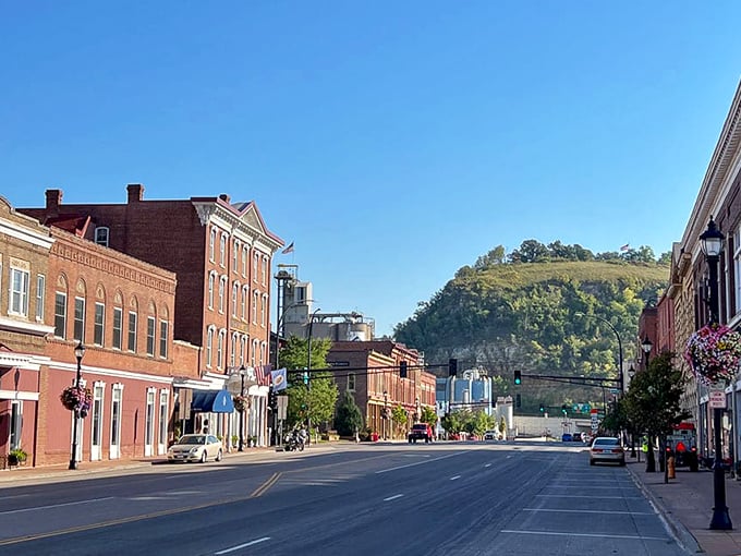 Red Wing's Main Street stretches toward dramatic bluffs like a scene from a Western movie, where history meets natural grandeur.