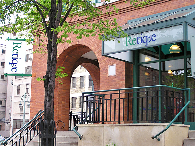 Retique's elegant brick archway feels more like entering a boutique than a thrift store. Upscale secondhand at its finest!
