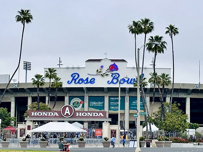 The majestic Rose Bowl stands guard over a sea of white tents, each one hiding potential heirlooms and conversation pieces.