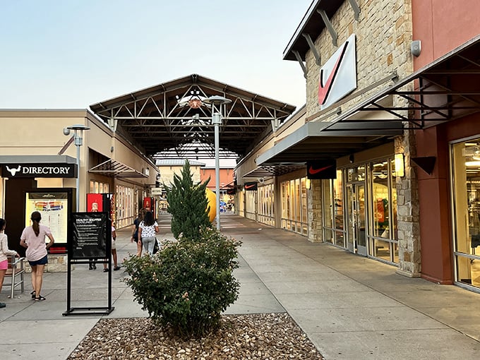 Round Rock's stone fireplace &ndash; because even your shopping bags deserve a cozy break between stores.