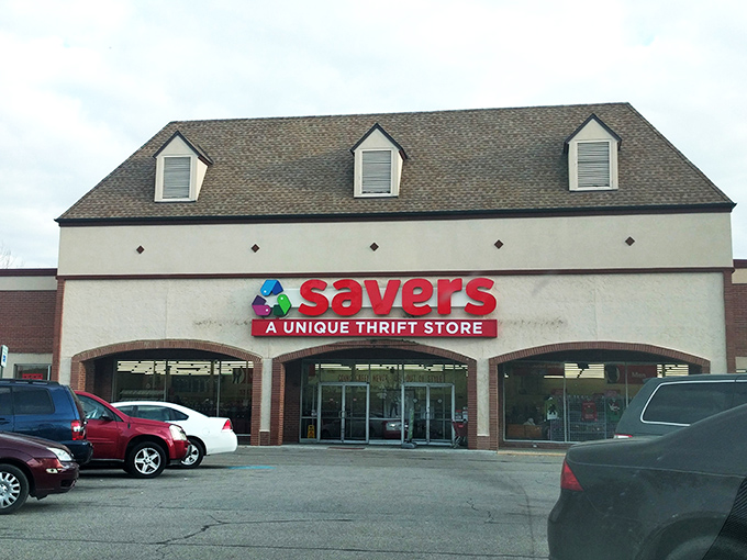 Savers' distinctive roofline and cheerful signage hint at the well-organized wonderland of pre-loved goods inside.