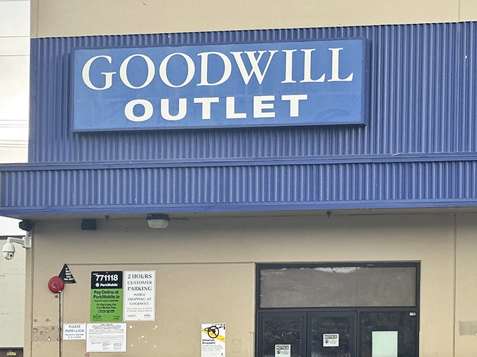 Goodwill Outlet's industrial exterior might not win beauty contests, but serious thrifters know true beauty lies within those blue bins of possibility.
