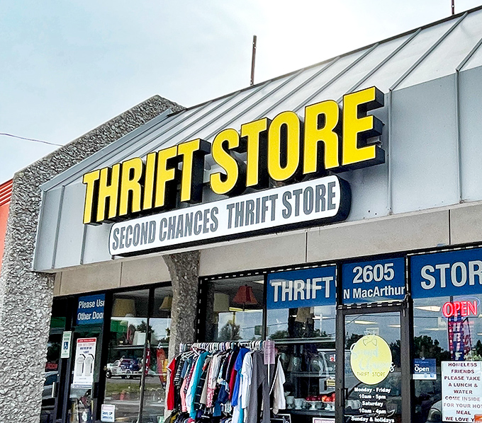 Yellow letters bright as buried treasure announce this second-chance sanctuary where clothes get their encore and shoppers find unexpected joy.