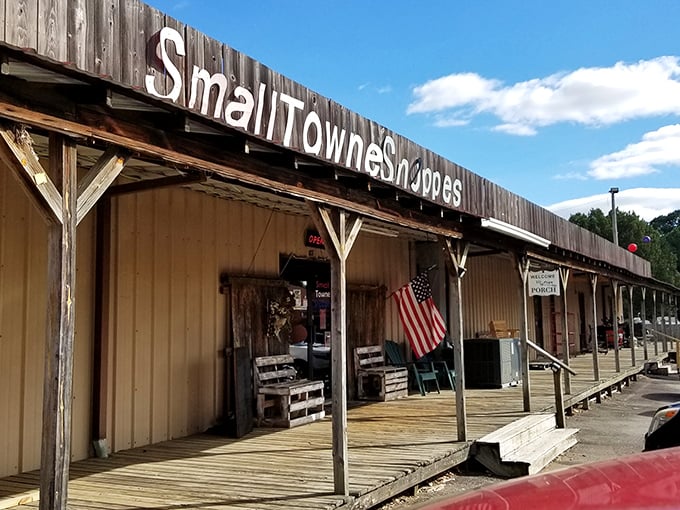 Small Towne Shoppes brings Wild West charm with its wooden boardwalk and American flag pride.