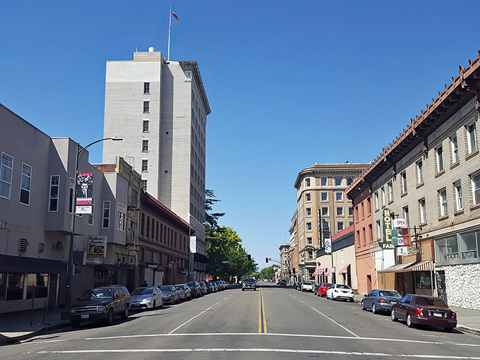 Stockton's urban landscape blends historic buildings with affordable living spaces just a short walk from waterfront attractions.
