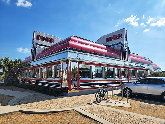 The Sunliner Diner gleams like a chrome-plated time machine, ready to transport you back to the golden age of milkshakes and jukeboxes.