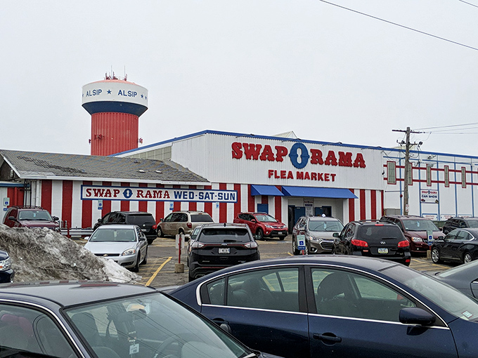 Alsip's red-and-white striped market stands out like a circus of savings. Even the water tower seems to be watching for deals!