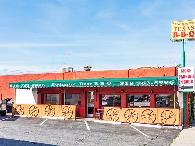 Swinging Door's bright red facade with wagon wheel accents isn't subtle&mdash;but neither are the bold flavors waiting inside.