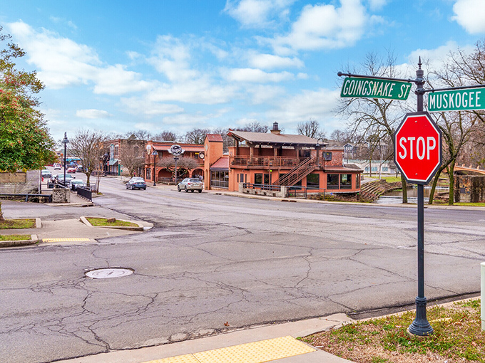 The intersection of Goingsnake and Muskogee streets in Tahlequah tells you you're in Cherokee Nation territory, where terracotta buildings bask under Oklahoma's blue skies.