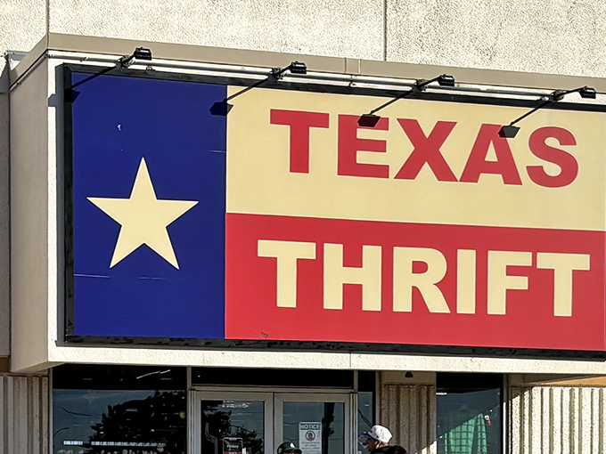 The Texas flag-inspired sign proudly waves over this Arlington thrift mecca. Patriotism meets bargain hunting!