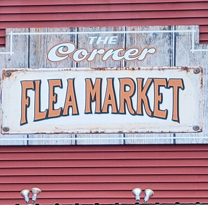 "Flea Market" &ndash; two magical words that transform this rustic red building into a treasure hunter's paradise.