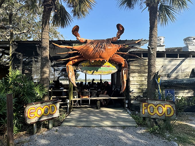 That giant crab entrance isn't subtle, but neither is the seafood inside. The Crab Shack proudly announces "GOOD FOOD" because, well, truth in advertising matters.