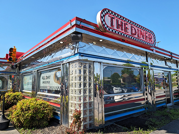 The Diner's classic chrome-and-neon styling gleams in the Tennessee sunshine, beckoning breakfast enthusiasts.