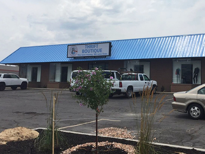The Other Side's bright blue roof stands out like a peacock at a pigeon convention—impossible to miss!