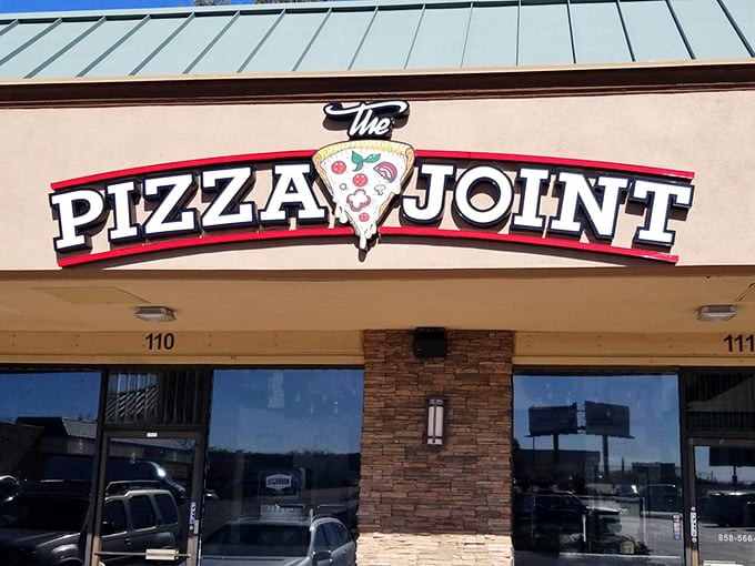 The Pizza Joint's bold red-and-black exterior houses San Diego's favorite neighborhood pizza hangout, complete with sports on TV.