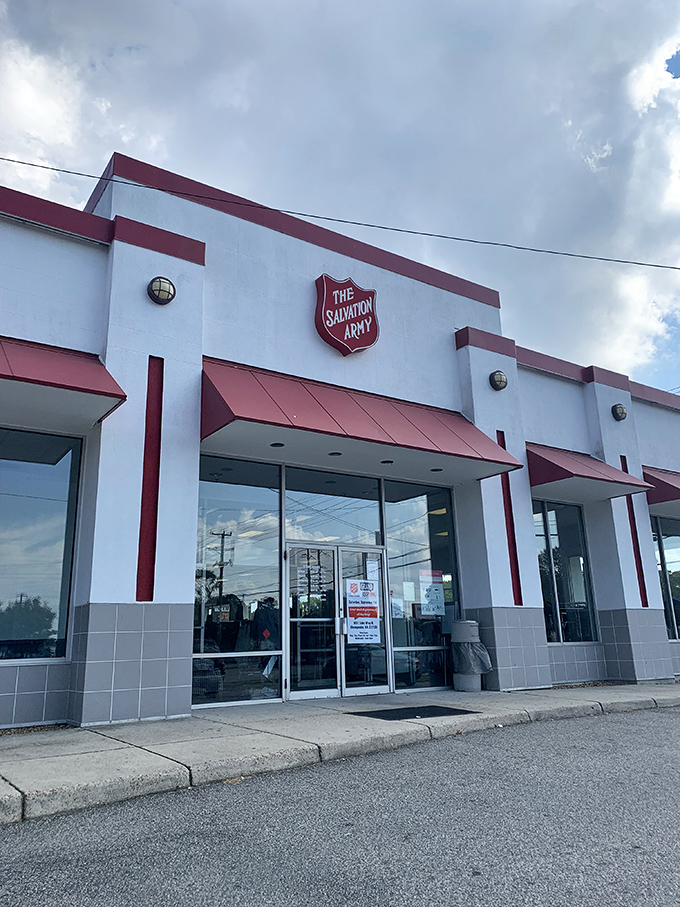 Red, white, and thrifty! The Salvation Army's crisp facade stands ready to rescue both your budget and your home decor needs.