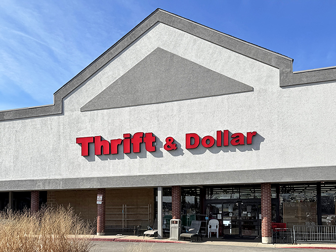 Thrift & Dollar's bold red lettering pops against the neutral building, promising twice the bargain hunting fun inside.