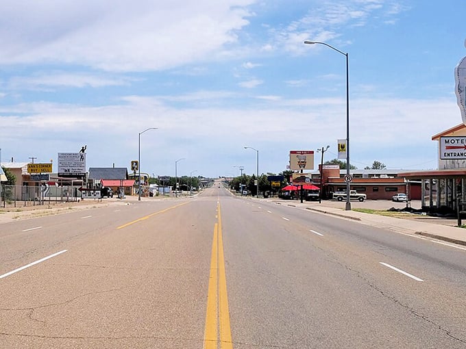 The quintessential American road trip experience lives on in Tucumcari, where vintage motels and clear blue skies create timeless postcard moments.