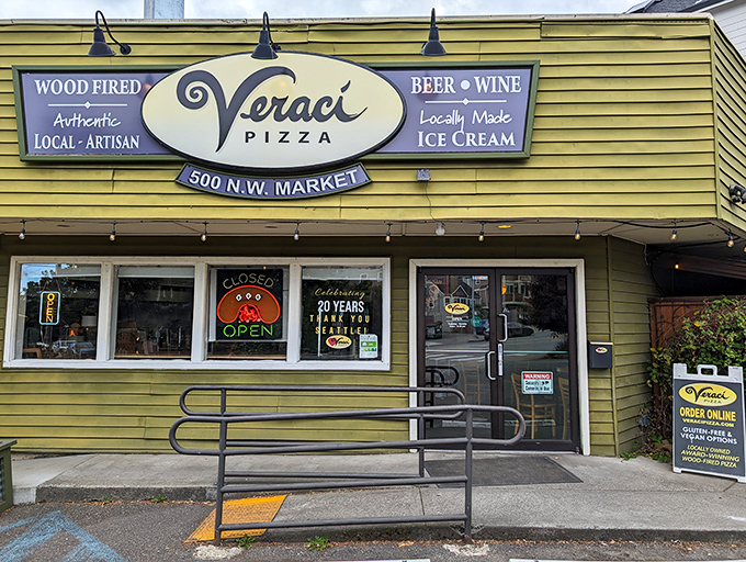 Veraci's cheerful yellow building brightens Seattle's Ballard neighborhood. That "wood-fired" sign isn't just words&mdash;it's a delicious promise.