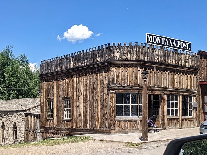 The Montana Post building stands as a reminder of Virginia City's gold rush days, where modern visitors strike gold with affordable dining.