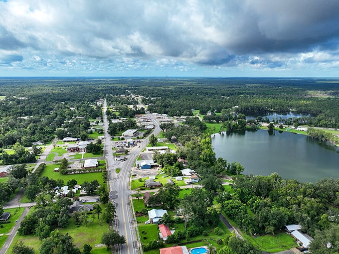 A bird's-eye view reveals Wewa's perfect balance of small-town charm and natural beauty, with lakes nestled among green landscapes.