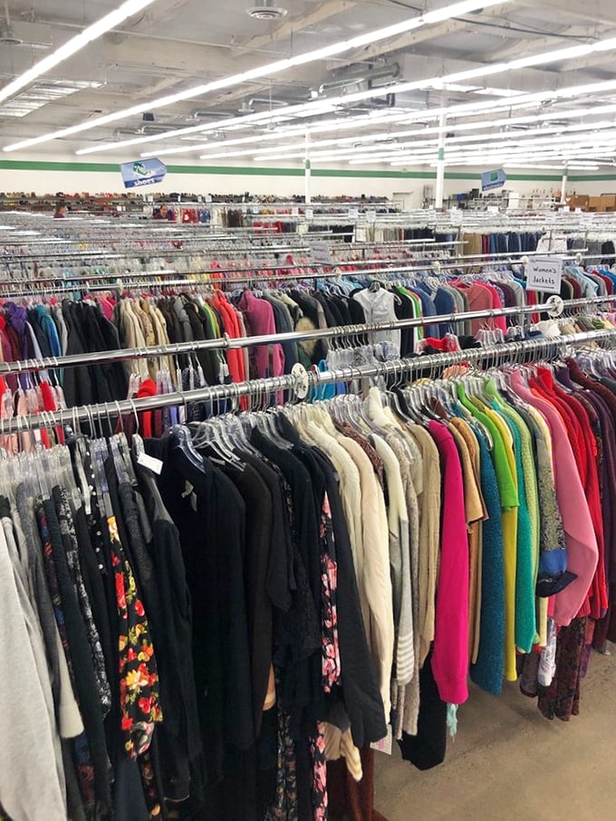 Those endless clothing racks stretch like a rainbow of second-hand fashion possibilities for every shopper. 