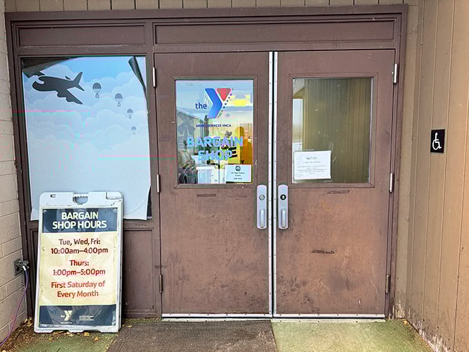 Clear instructions and no-nonsense signage reflect the practical treasures waiting inside this military community thrift haven.