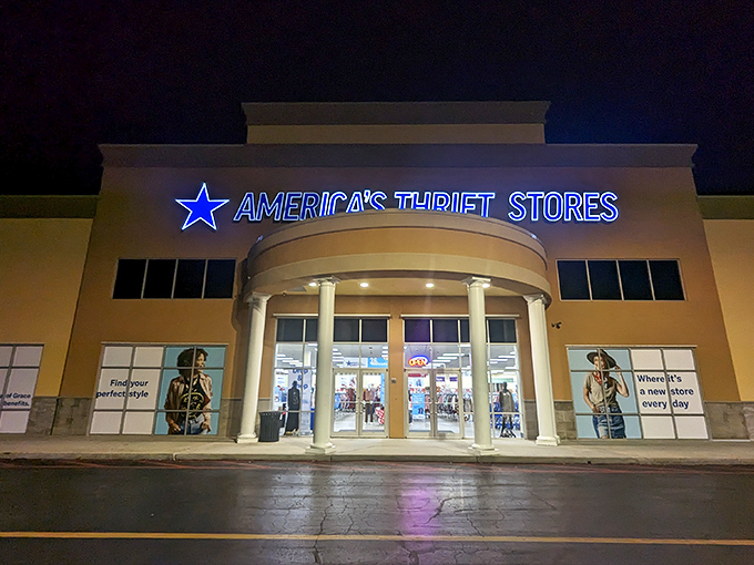 Night transforms America's Thrift Store into a glowing palace of possibilities. Those columns aren't just supporting the roof&mdash;they're supporting your budget!
