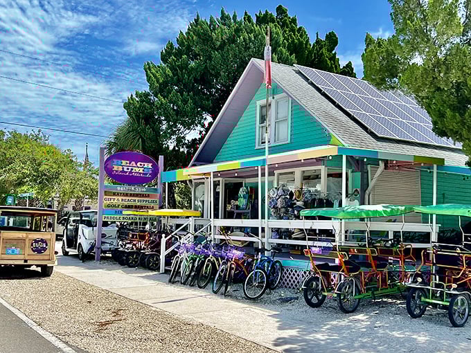 This beach shop&rsquo;s bright turquoise siding, sunny trim, and rows of colorful rental bikes make it impossible not to smile&mdash;pure island charm from roof to wheels.