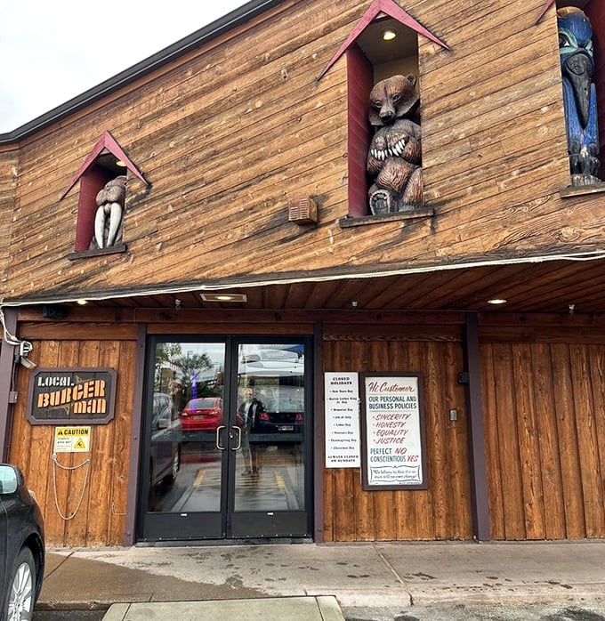 Those wooden animal carvings aren't just watching you eat &ndash; they're jealous of the burger masterpieces you're about to enjoy.