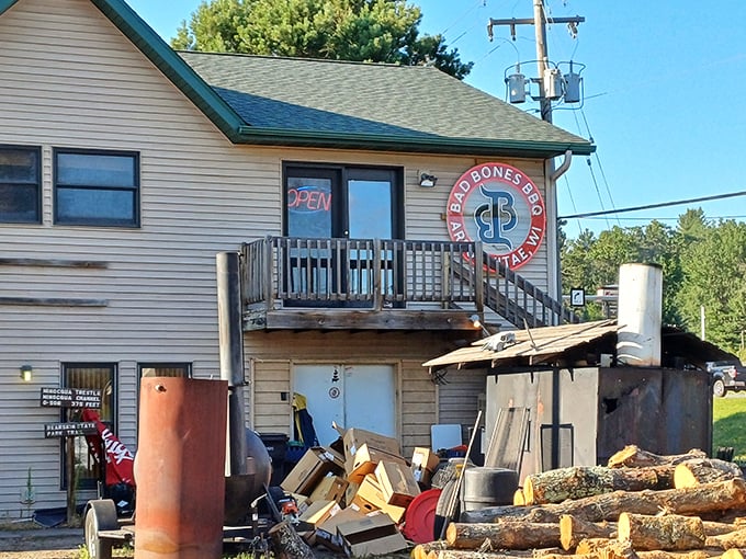 That simple deck and "OPEN" sign are like a friendly invitation to some of the best smoked meat in Wisconsin's lake country.