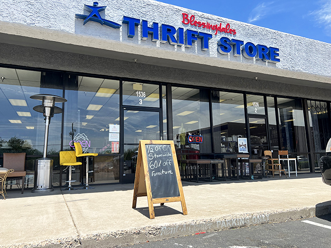 Today's special chalked on a sidewalk board &ndash; the universal thrift store invitation to unexpected discoveries.