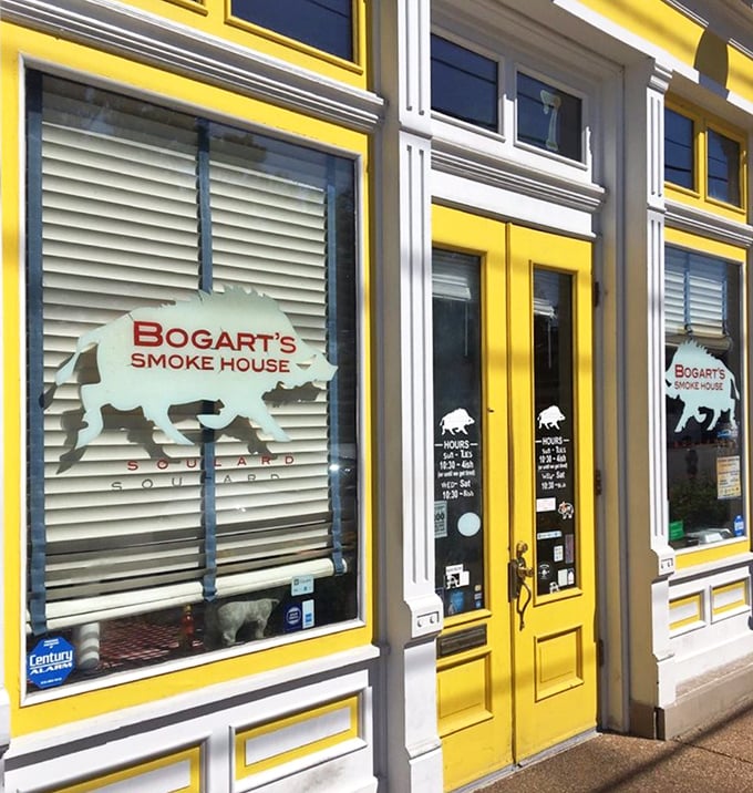 Those bright yellow doors at Bogart's practically beckon you inside. The pig silhouette in the window knows what treasures await hungry visitors!
