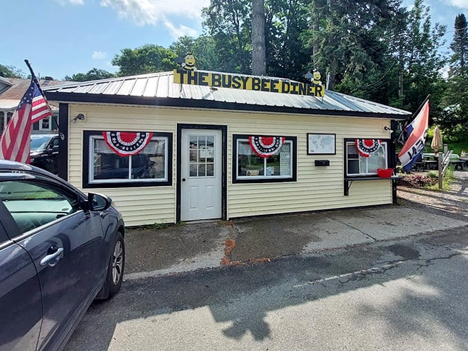 Patriotic bunting and a humble entrance &ndash; the culinary equivalent of "don't judge a book by its cover."