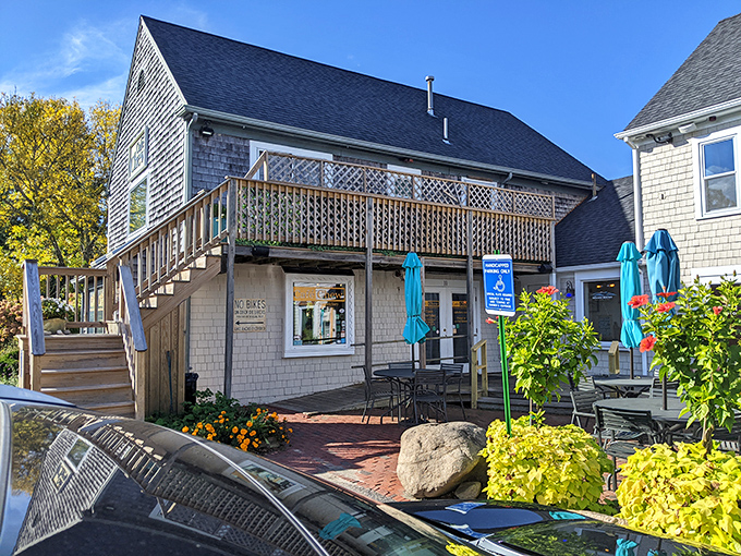 The deck at Caf&eacute; Chew invites you to savor your sandwich in the Cape Cod sunshine.