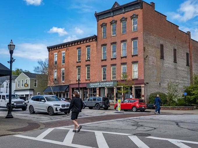 Brick buildings and blue skies create the perfect backdrop for Chagrin Falls, where pedestrians still have the right of way&mdash;imagine that!