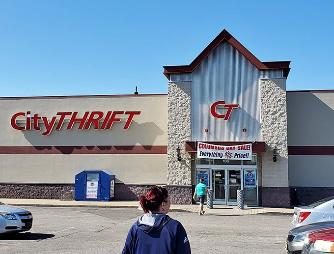 The distinctive peaked entrance of City Thrift welcomes shoppers to a world where yesterday's trends find new admirers.