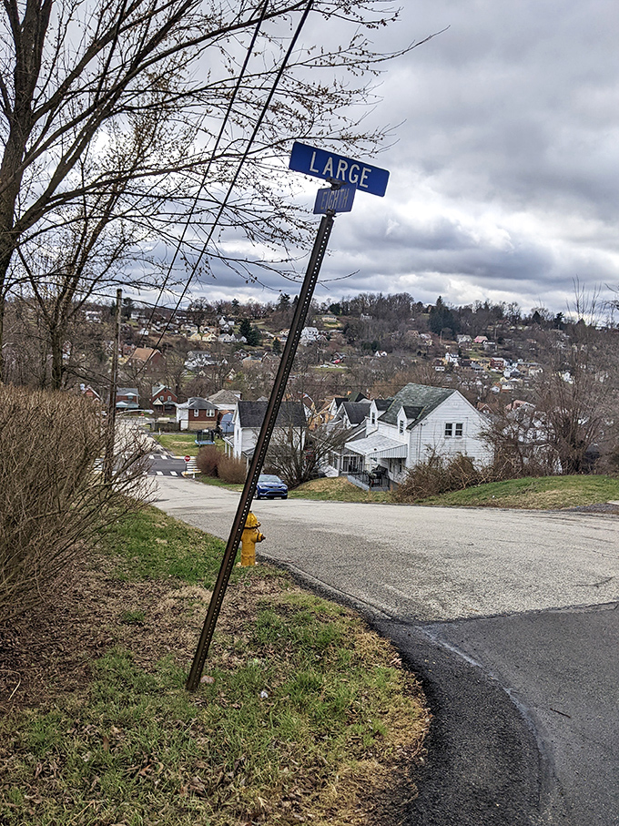 This tilted street sign in Large, near Clairton, symbolizes the slightly off-kilter charm of affordable retirement in Pennsylvania's smaller communities.