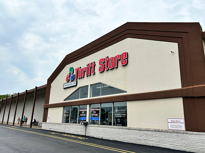 Standing tall against the sky, CommunityAid's massive building promises room after room of secondhand surprises.