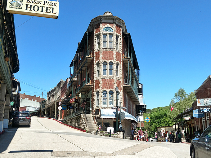 The Basin Park Hotel commands attention at Eureka Springs' sloping main street, like a Victorian grande dame who's aged magnificently.