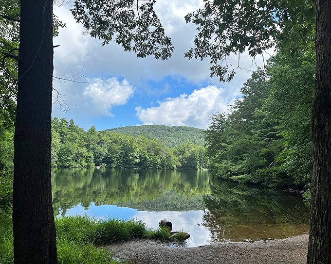 A serene mountain lake nestled in Fort Mountain State Park. The calm waters reflect the surrounding forest in perfect symmetry.