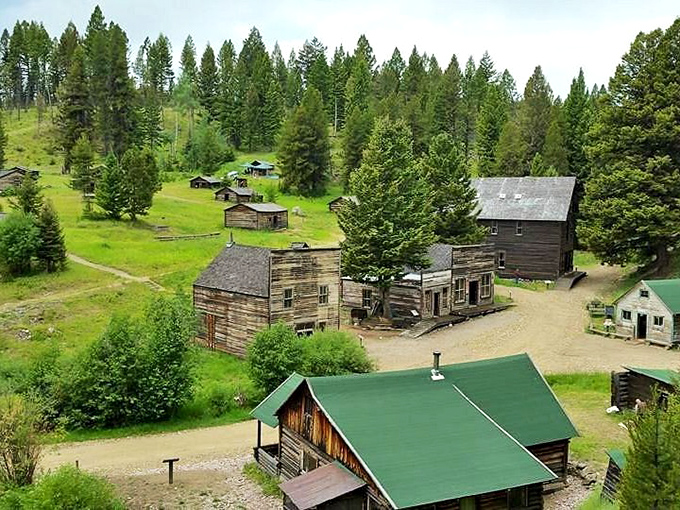 Rustic wooden structures cluster among the pines at Garnet, one of Montana's most authentic and atmospheric ghost towns.